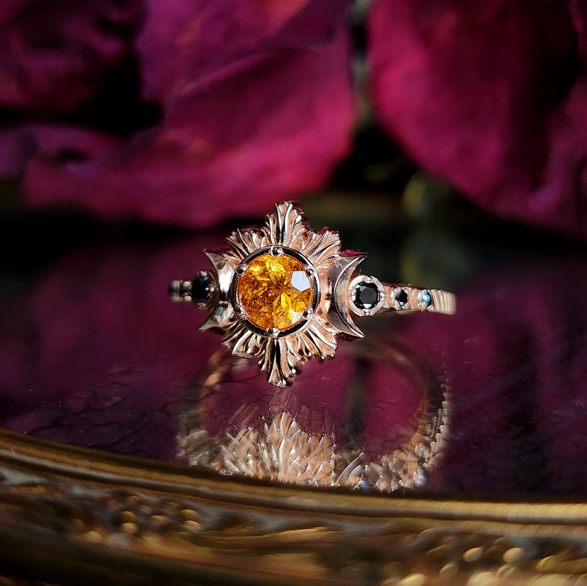 Spessartite Garnet Moon Fire Gothic Engagement Ring with Black Diamond ...
