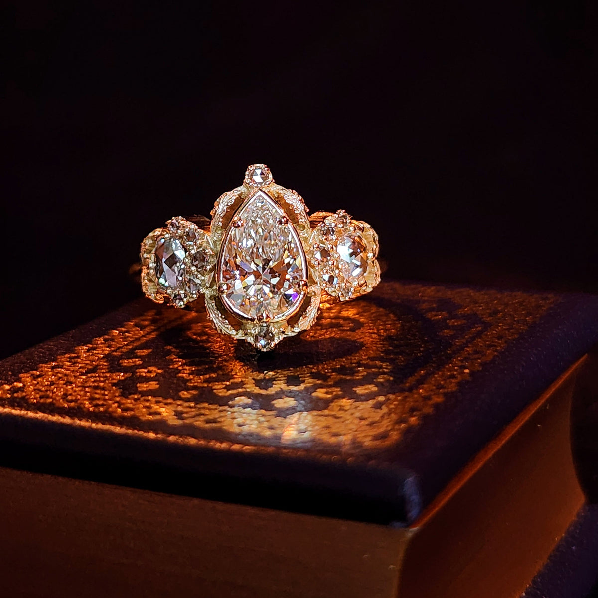 Goodnight Moon Ring with Rose Cut Diamonds and Fancy Gold Scrollwork ...