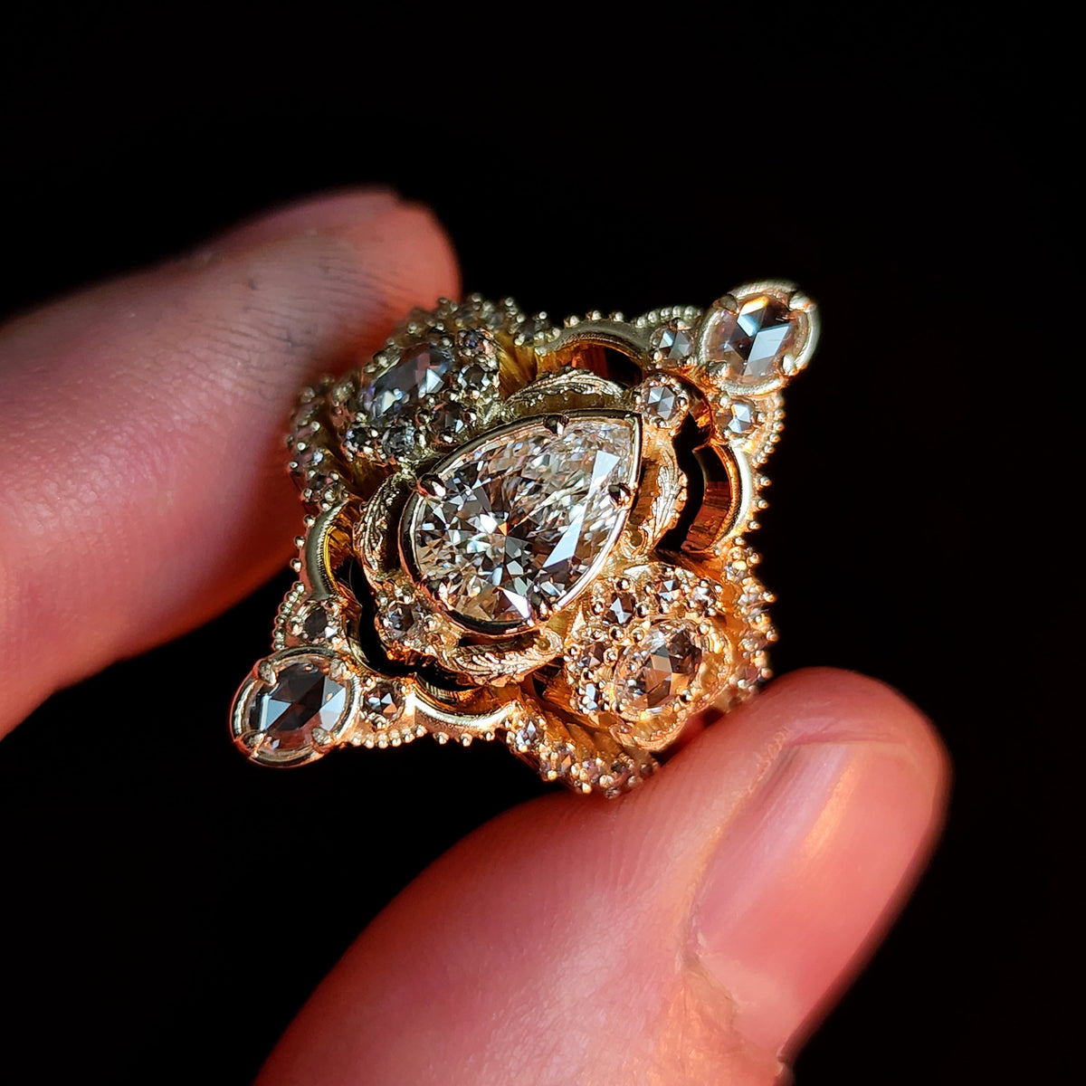 Goodnight Moon Ring with Rose Cut Diamonds and Fancy Gold Scrollwork ...