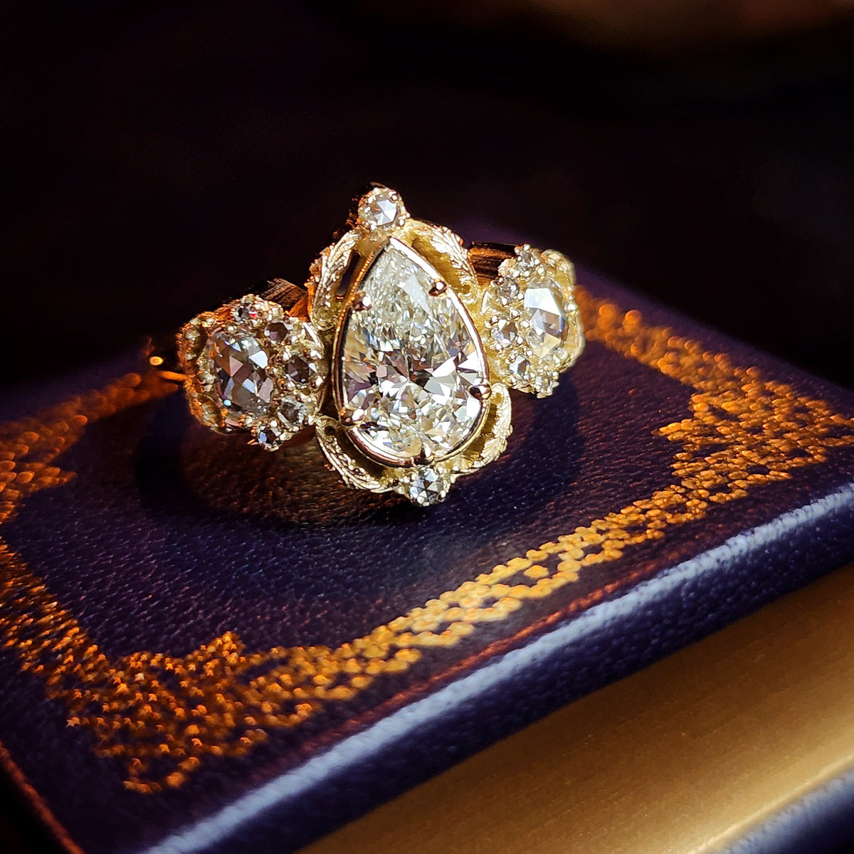 Goodnight Moon Ring with Rose Cut Diamonds and Fancy Gold Scrollwork ...