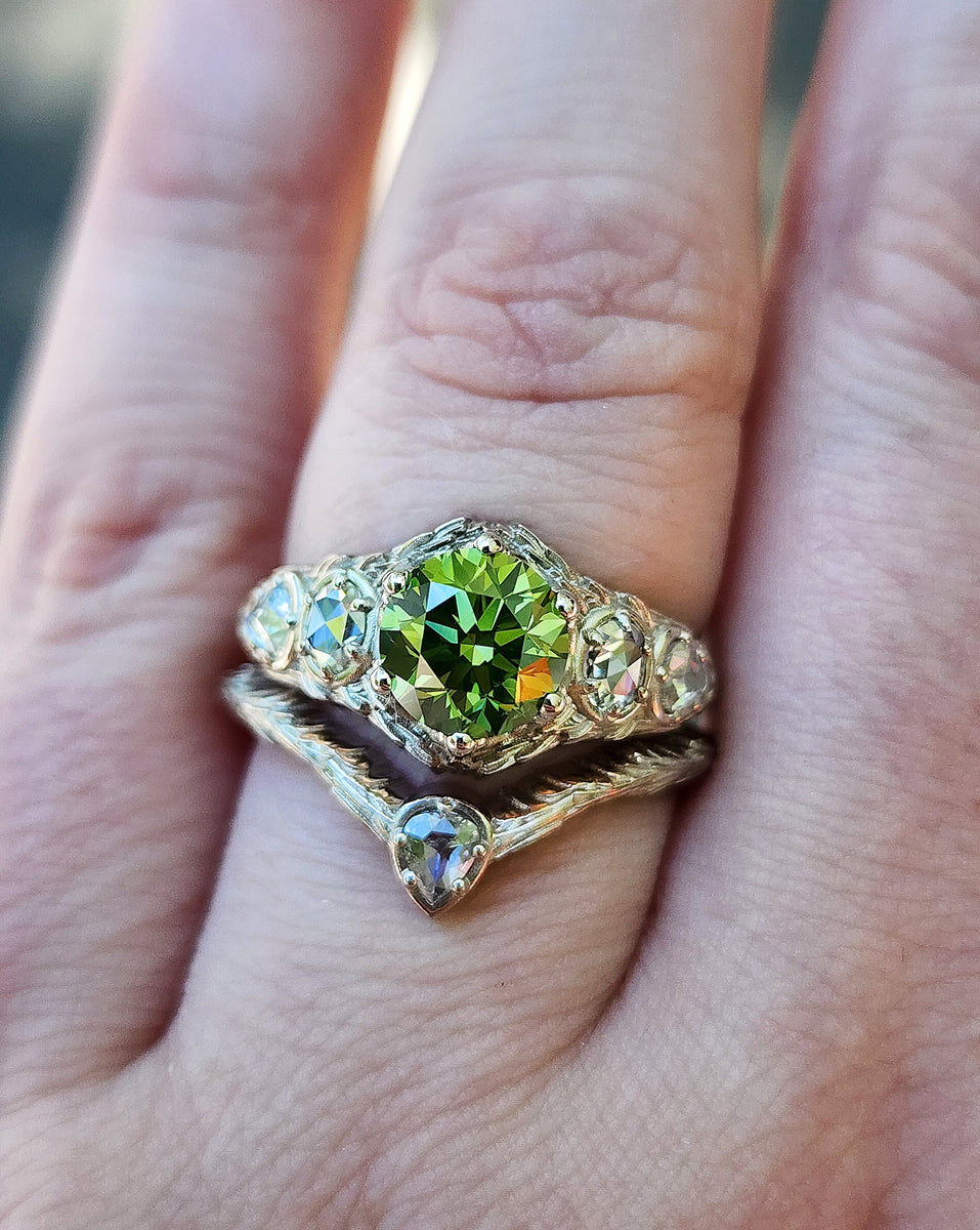 Green Diamond Bramble Engagement Ring with Rose Cut Oval & Pear Diamon ...
