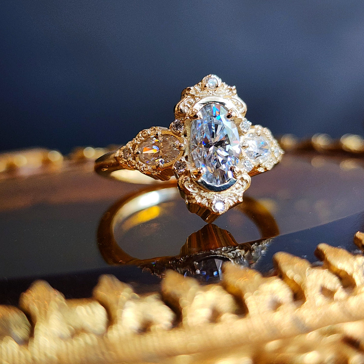 Josephine Oval Engagement Ring with Oval Side Stones & Gold Scrolls ...