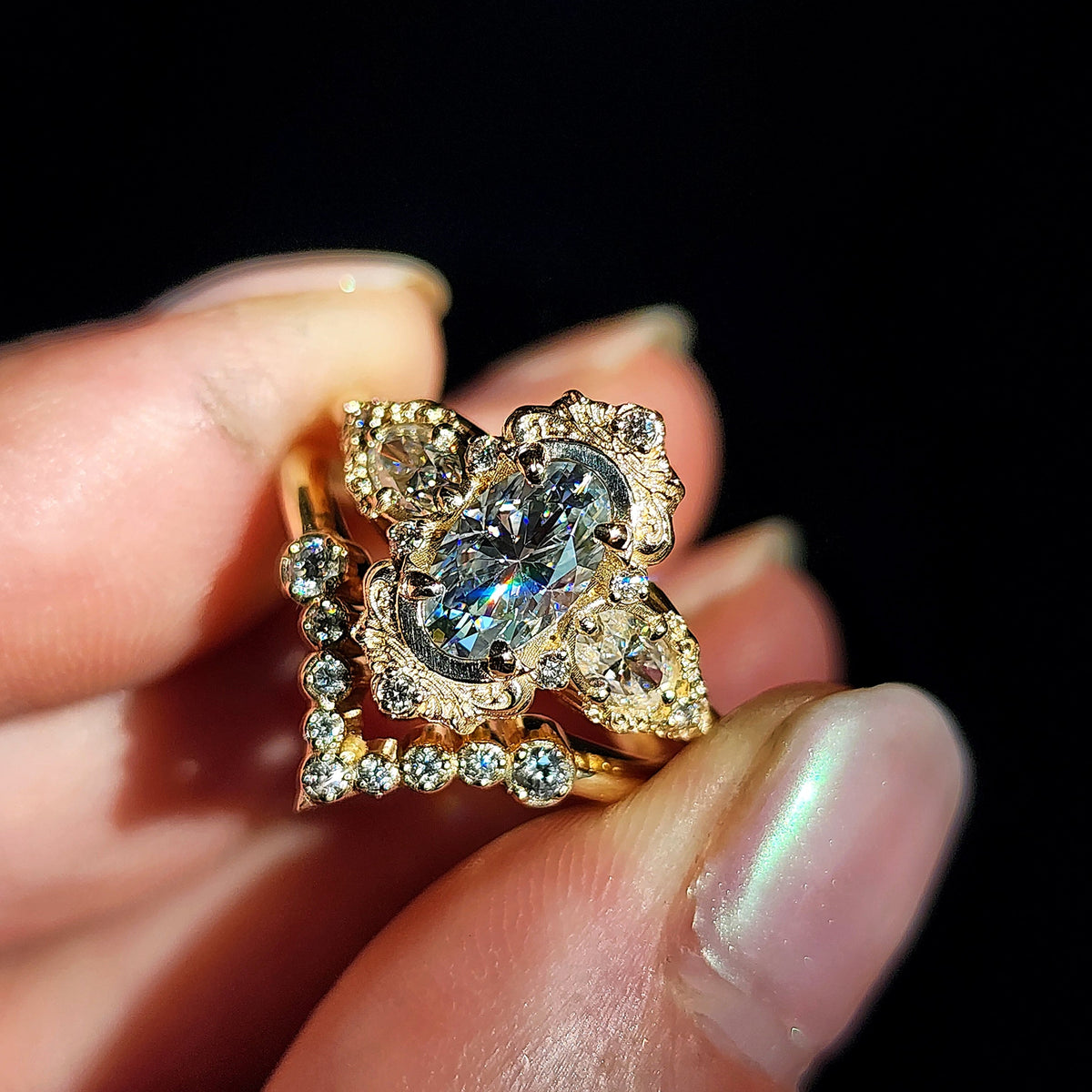 Josephine Oval Engagement Ring Set with Oval Side Stones & Gold Scroll ...