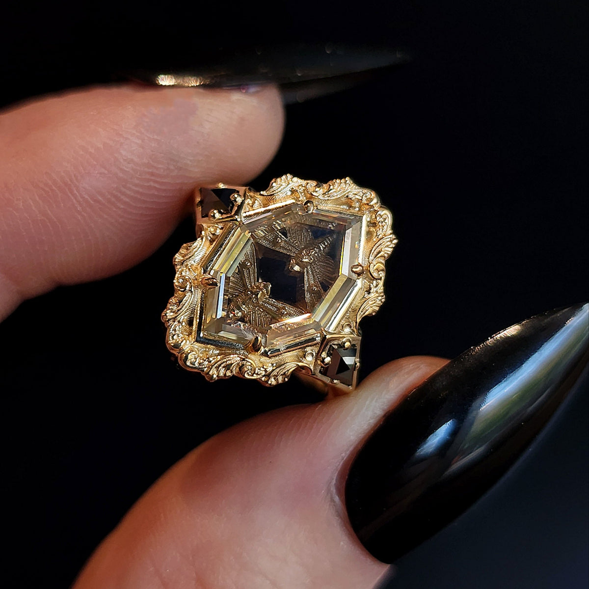 Double Death Head Hawk Moth Shadow Box ring with 14k Gold Scrolls and ...