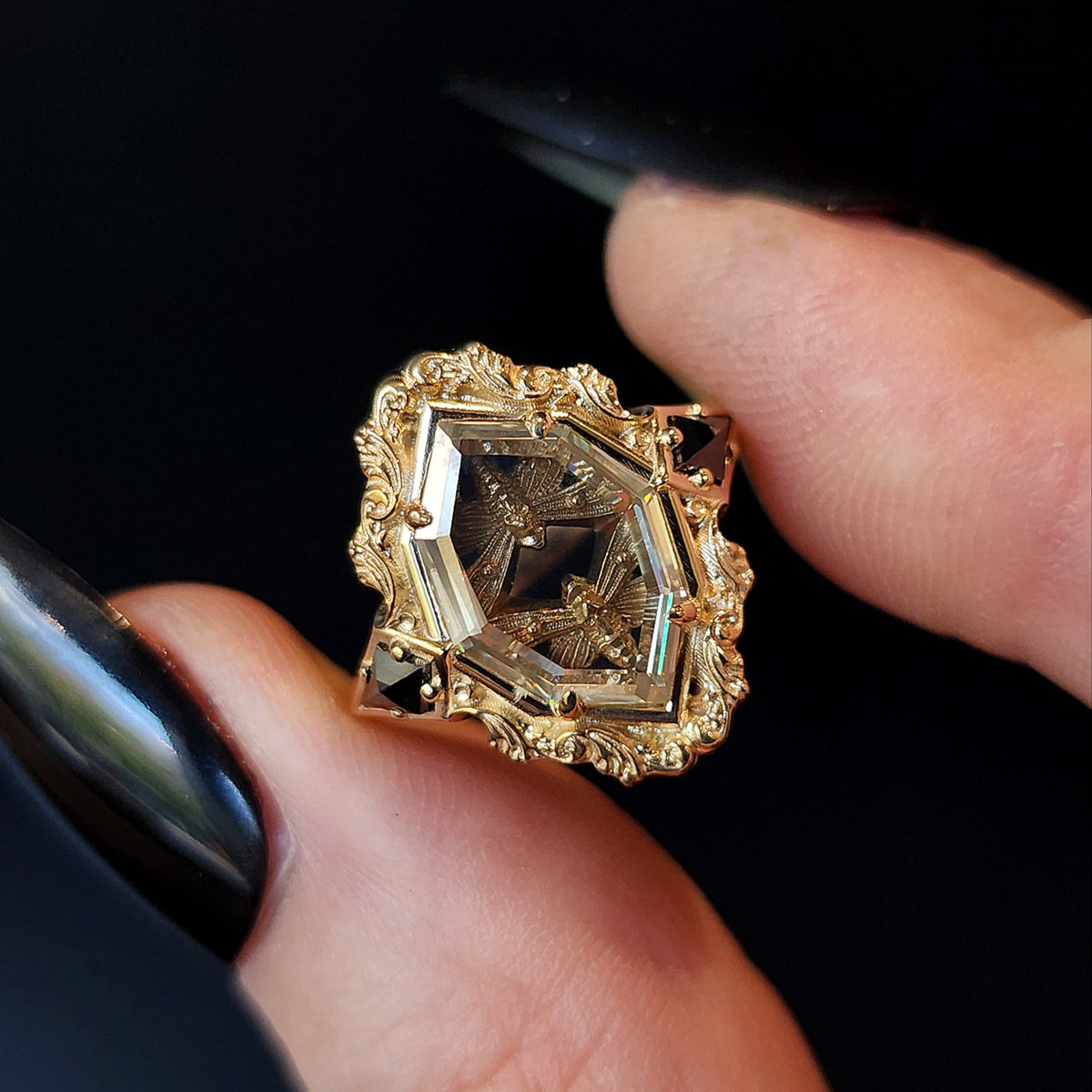 Custom Hawk Moth Shadow Box Ring with Lab Ruby Kites – Swank Metalsmithing