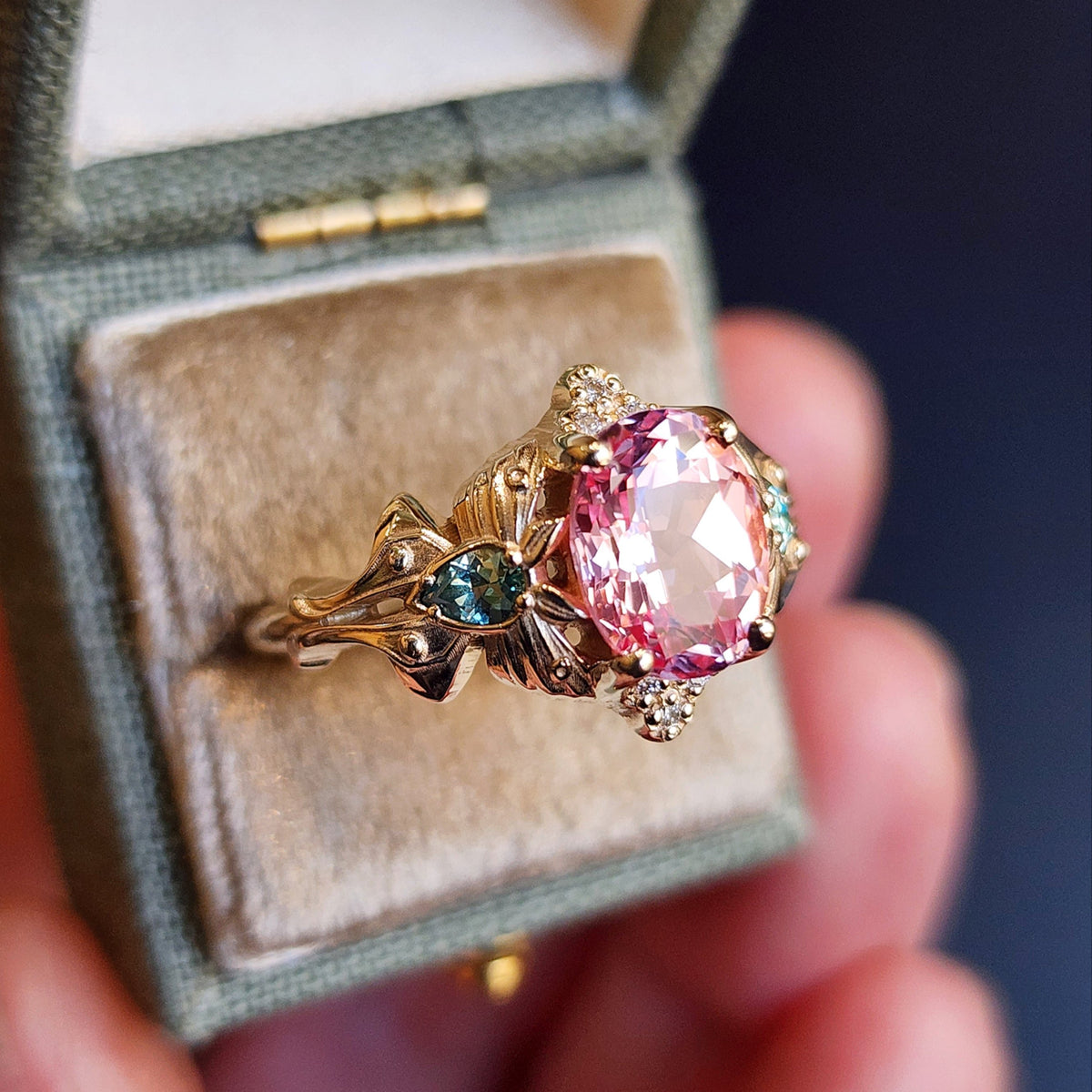 Luna Moth Engagement Ring with Oval Chatham Pink Champagne Sapphire an ...