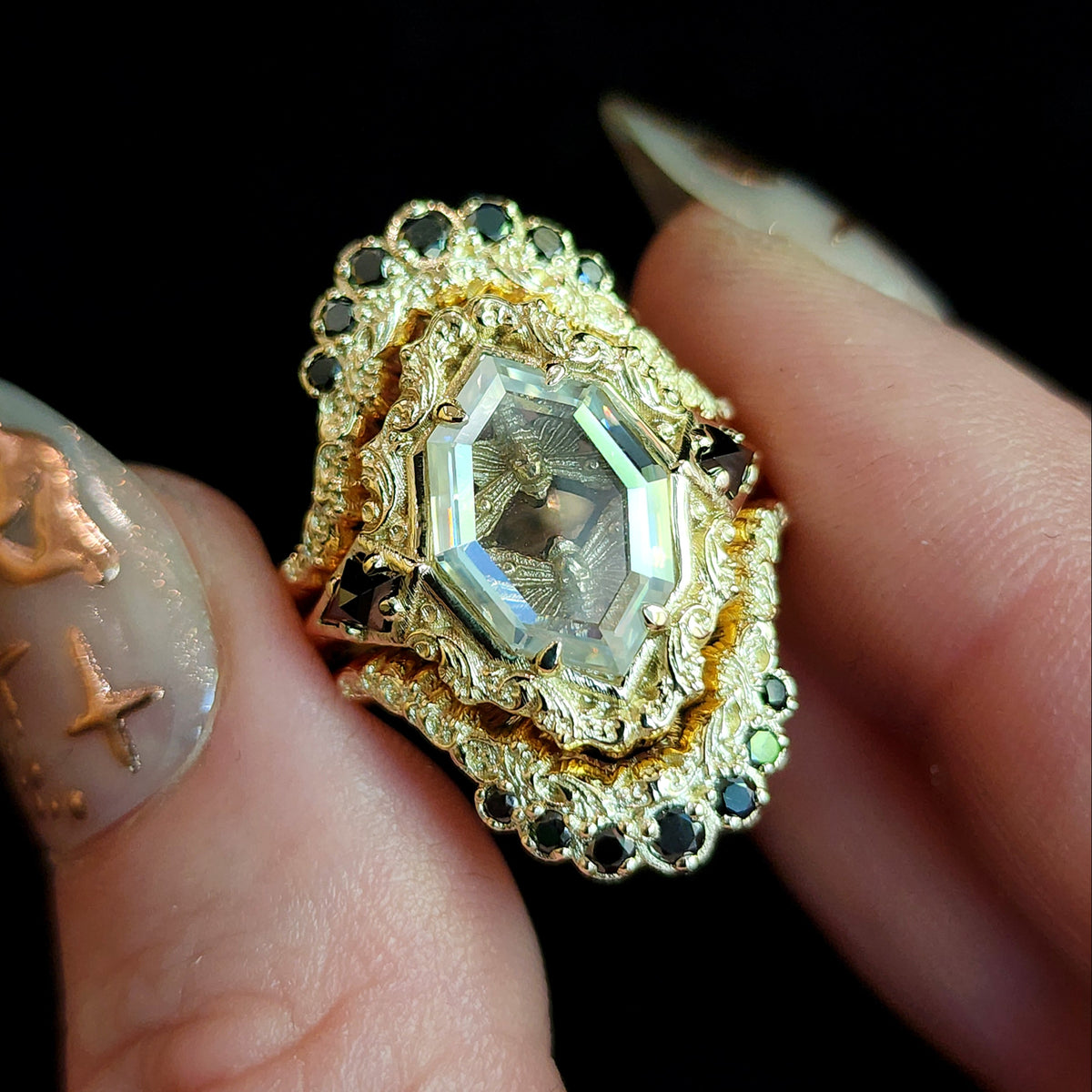 Death Head Hawk Moth Shadow Box Ring Set with Black Diamonds - Gothic ...