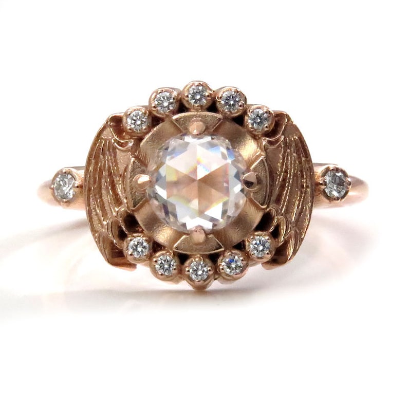 Bat Halo Engagement Ring, Rose Cut Moissanite Ethical Gemstone Gothic ...
