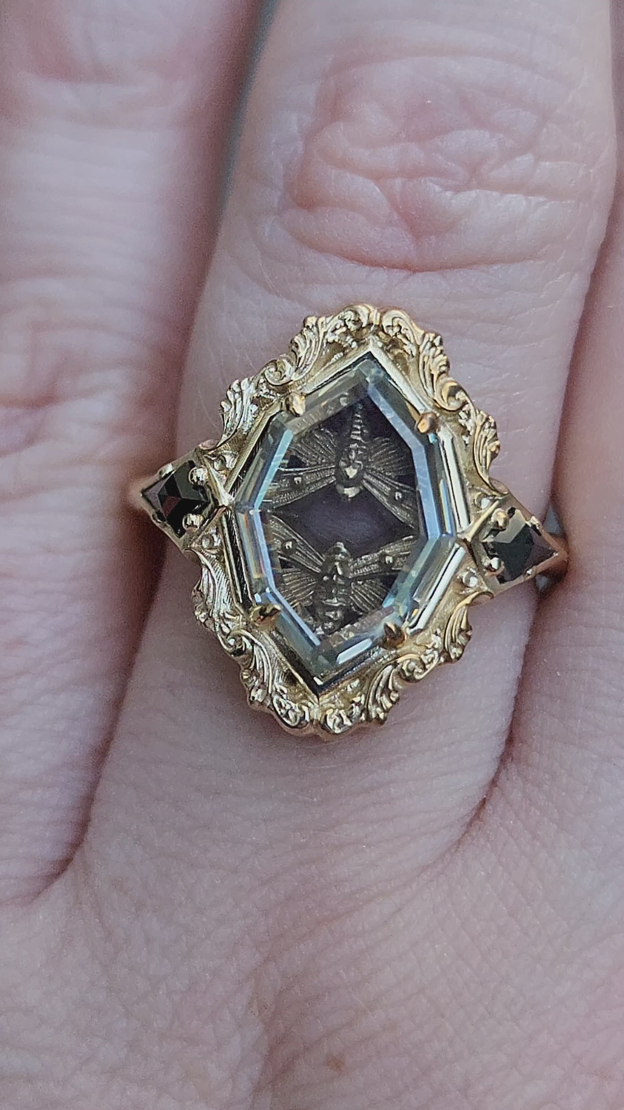 Double Death Head Hawk Moth Shadow Box ring with 14k Gold Scrolls and ...