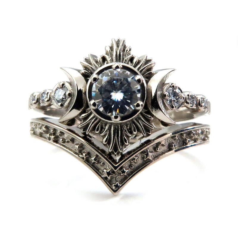 Celestial Engagement Ring Set Moon Fire with Moissanite & Diamond and ...
